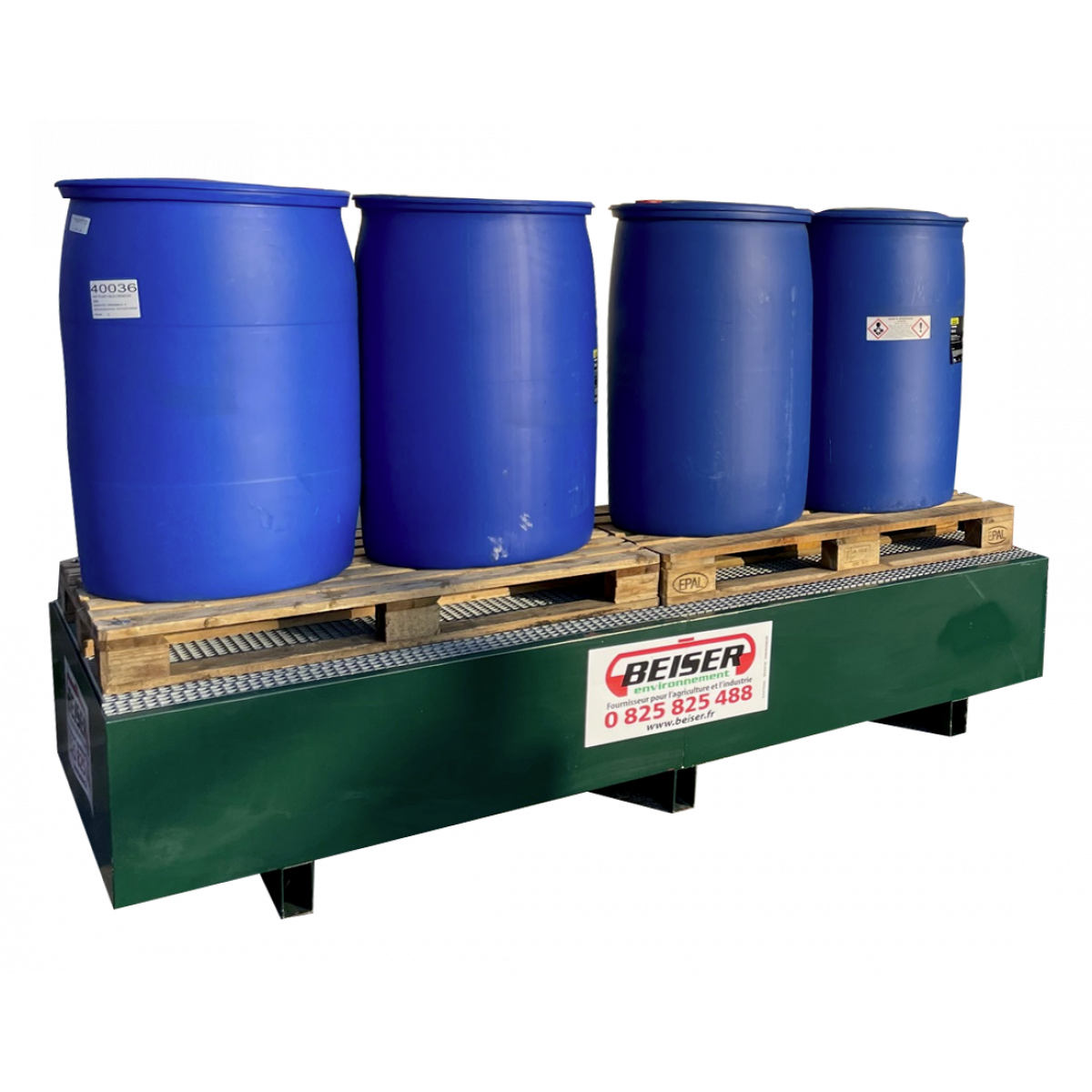 Bac de rétention métallique longitudinale 4 fûts ou 2 cubi 1000 L avec ...