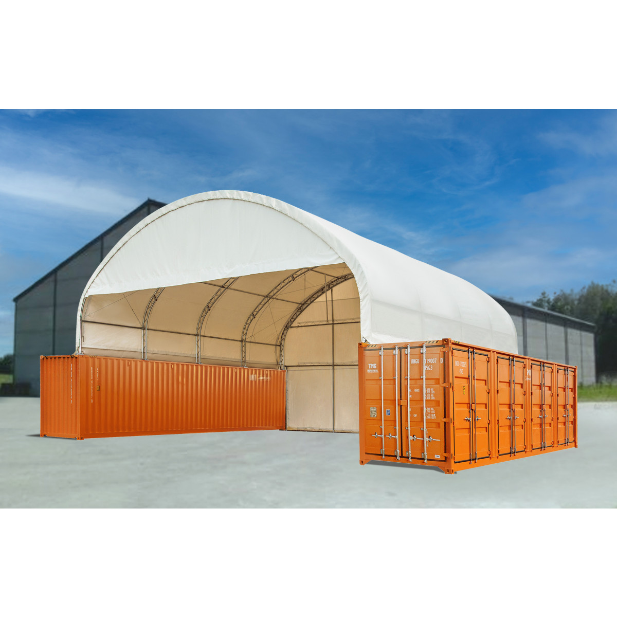 Tunnel monté sur conteneur avec façade arrière 12m x 12m x 4m50 ...